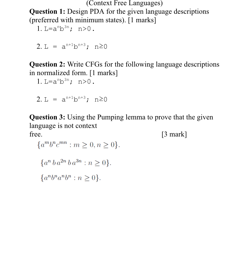Solved (Context Free Languages)Question 1: Design PDA for | Chegg.com