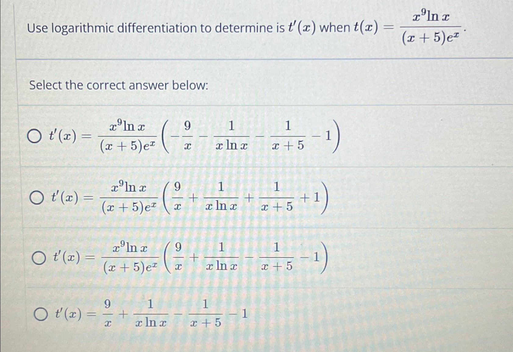 Solved Use logarithmic differentiation to determine is t'(x) | Chegg.com