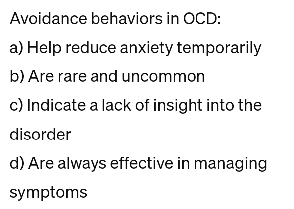 Solved psychology: Avoidance behaviors in OCD:a) ﻿Help | Chegg.com