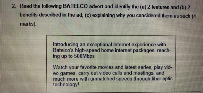Solved 2. Read the following BATELCO advert and identify the | Chegg.com