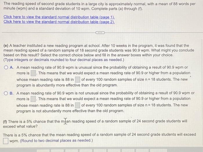Solved The reading speed of second grade students in a large | Chegg.com