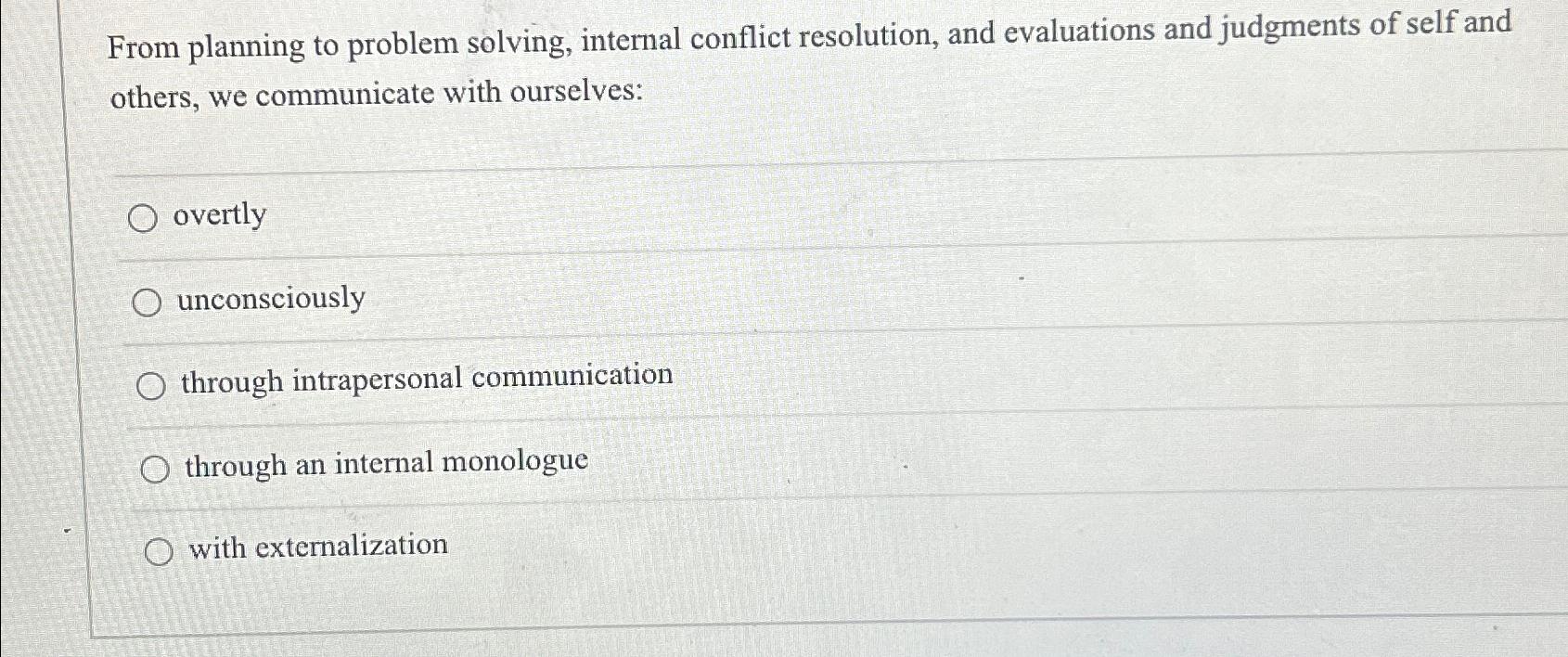 Solved From planning to problem solving, internal conflict | Chegg.com
