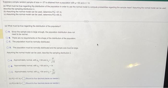 Solved Suppose a simple random sample of size n=37 is | Chegg.com