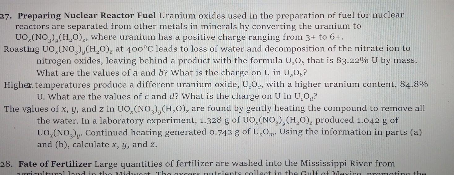 Solved 27. Preparing Nuclear Reactor Fuel Uranium oxides | Chegg.com