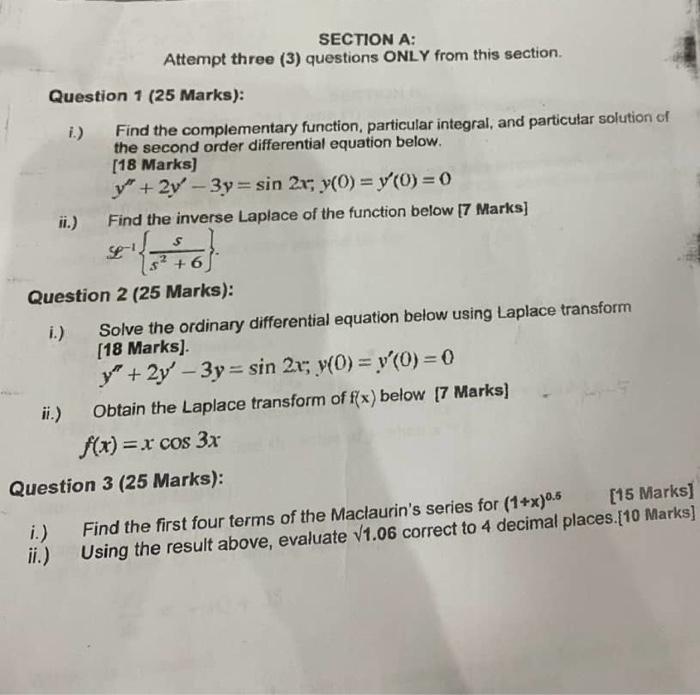 Solved SECTION A: Attempt three (3) questions ONLY from this | Chegg.com