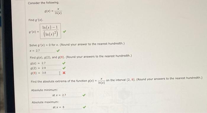 Solved Consider the following. g(x)=ln(x)x Find g′(x) | Chegg.com