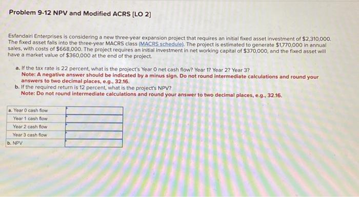 Solved Problem 9-12 NPV and Modified ACRS [LO 2] Esfandairi | Chegg.com