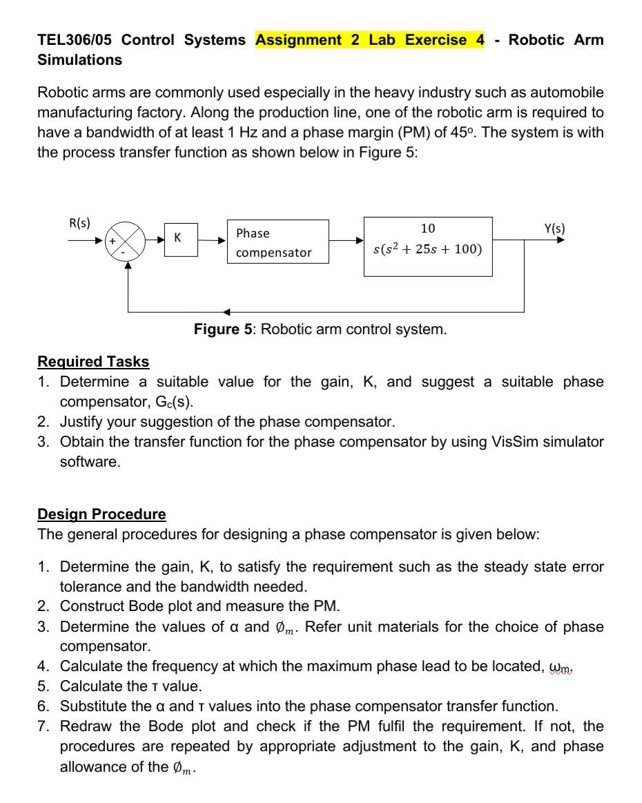 Robotic Arm TEL306/05 Control Systems Assignment 2 | Chegg.com