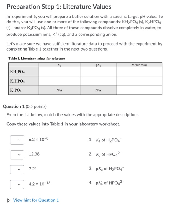 Solved Preparation Step 1: Literature Values In Experiment | Chegg.com