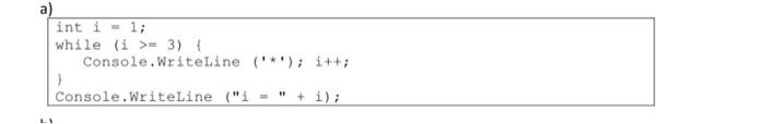 Solved int i =1; while (i>=3)( Console. WriteLine (∗∗);i++; | Chegg.com