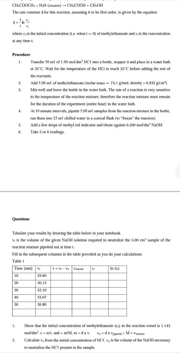 Solved CH3COOCH3+H2O (excess) →CH3COOH+CH3OH The rate | Chegg.com