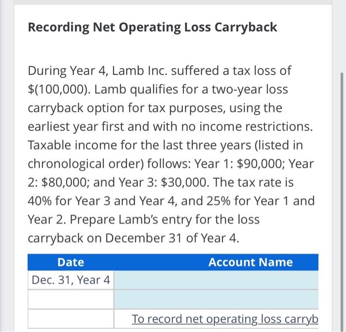 Solved Recording Net Operating Loss Carryback During Year 4, | Chegg.com