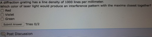 Solved A diffraction grating has a line density of 1000 | Chegg.com
