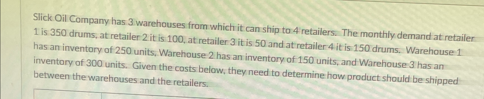 Solved Slick Oil Company has 3 ﻿warehouses from which it can | Chegg.com