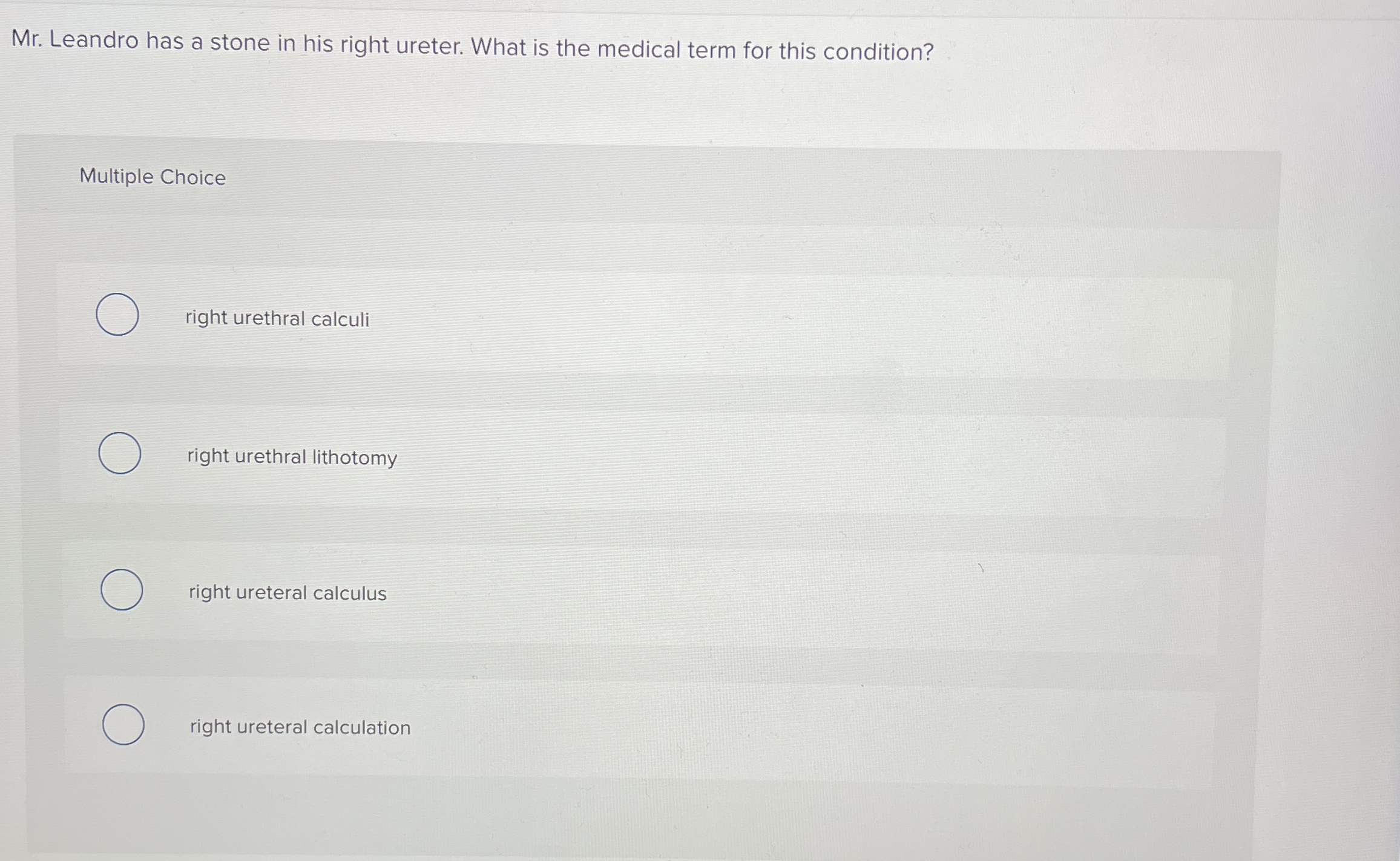 Mr. ﻿Leandro has a stone in his right ureter. What is | Chegg.com