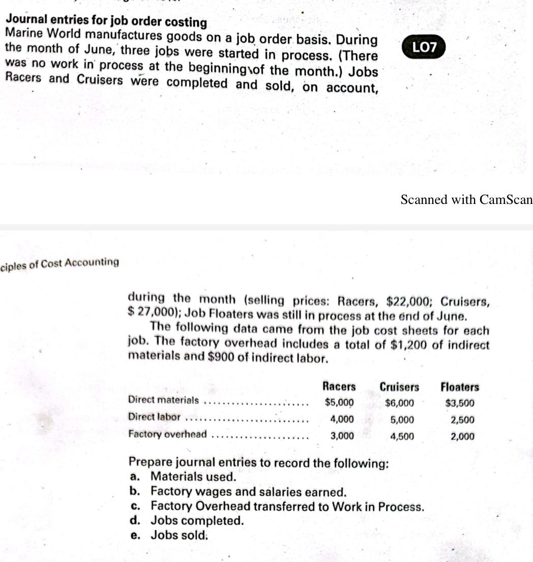 Solved Journal entries for job order costing Marine World | Chegg.com