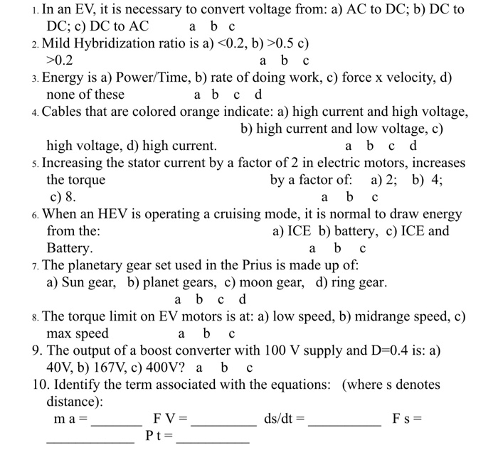 Solved 1. In an EV, it is necessary to convert voltage from: | Chegg.com