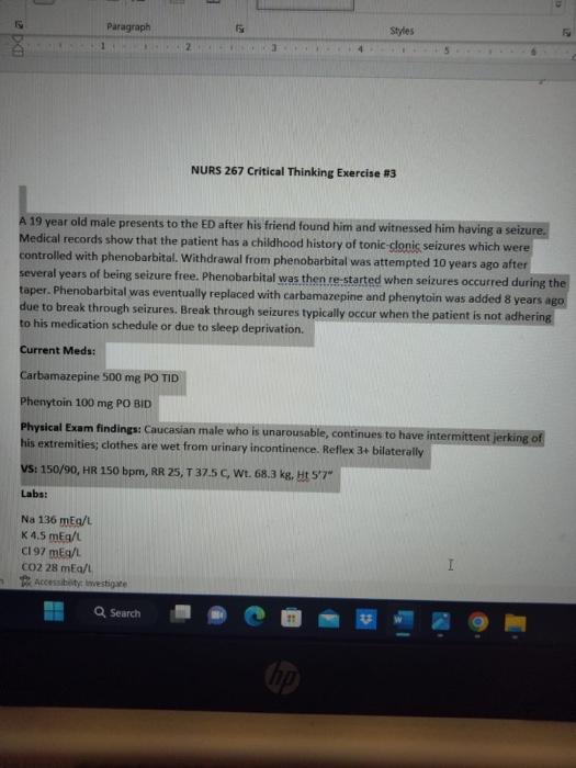 Solved NURS 267 Critical Thinking Exercise 83 A 19 year old | Chegg.com