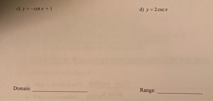Solved c) y = -cotx + 1 d) y = 2 cscx Domain: Range: | Chegg.com