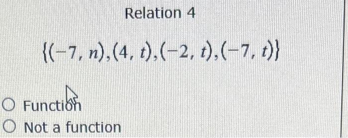 Solved Relation 4 {(−7,n),(4,t),(−2, Function Not a function | Chegg.com
