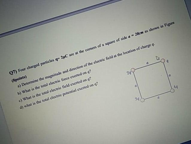 Solved 14 (7) Four charged particles q-2C are at the corners | Chegg.com