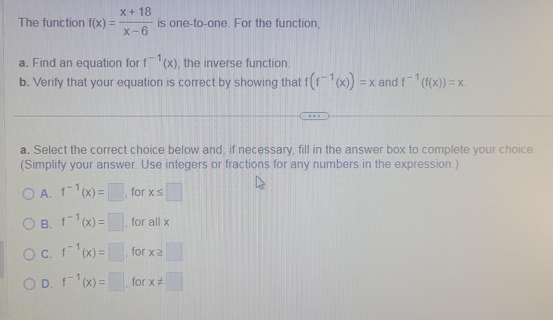 Solved The function f(x)=x−6x+18 is one-to-one. For the | Chegg.com