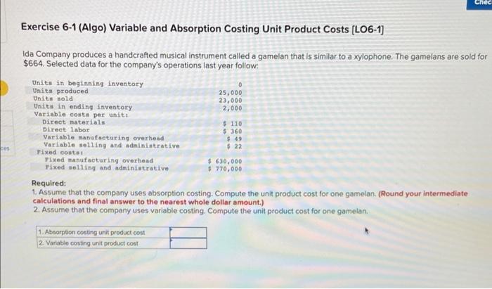 Solved Exercise 6-1 (Algo) Variable and Absorption Costing | Chegg.com
