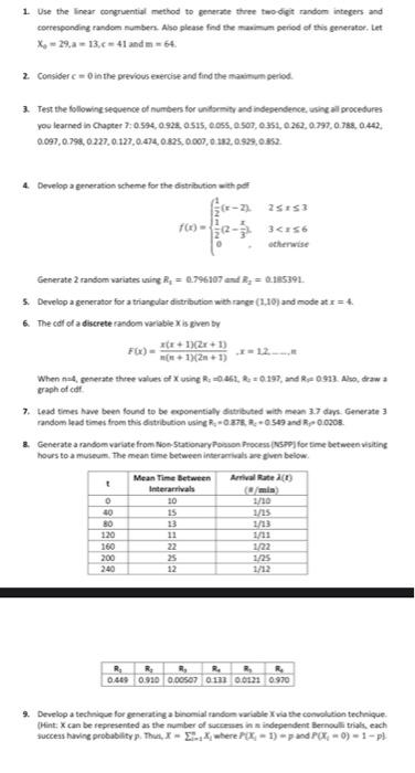 Solved 1. Use the linear congruential method to generate | Chegg.com