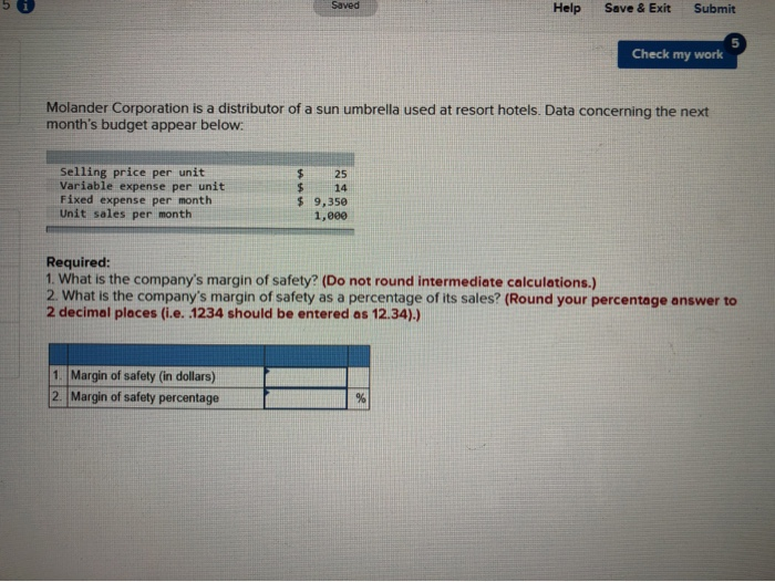 Solved Saved Help Save & Exit Submit Check my work Molander | Chegg.com
