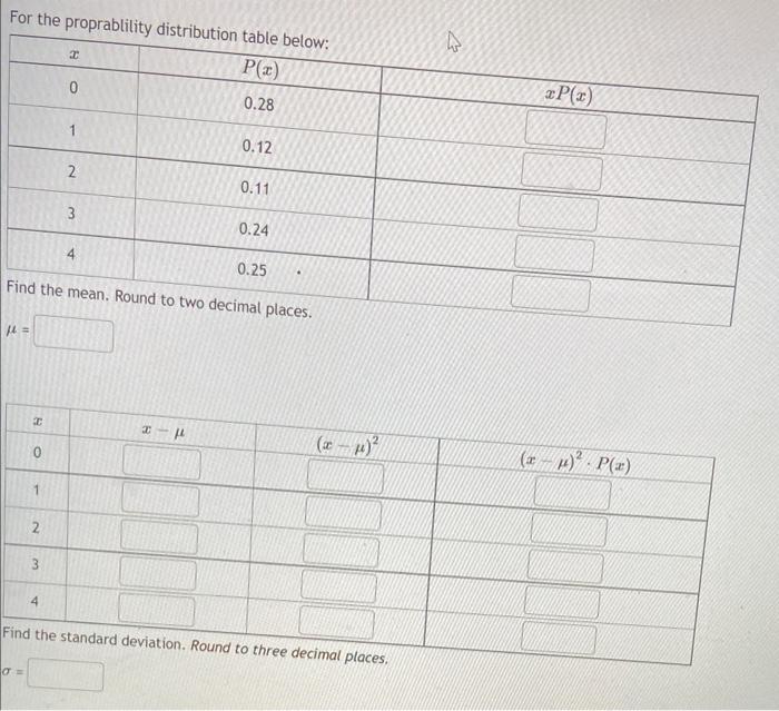 Solved For the proprablility distribution table below: | Chegg.com
