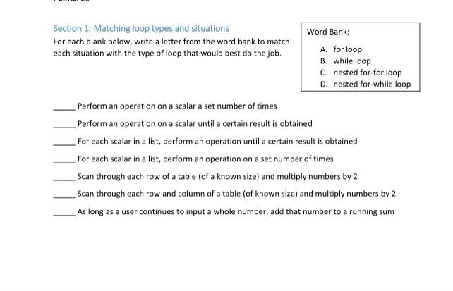 Section 1: Matching loop types and situations For | Chegg.com
