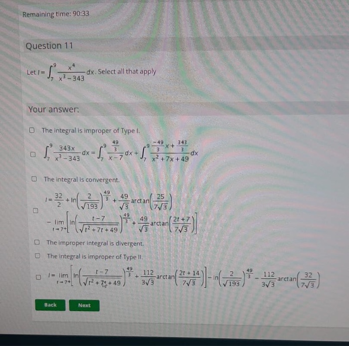 Solved .9 1 - 7+1 12+7t +49 Remaining time: 90:33 Question | Chegg.com