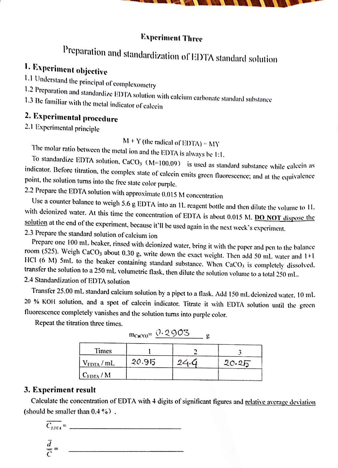 Solved Experiment Three Preparation and standardization of | Chegg.com