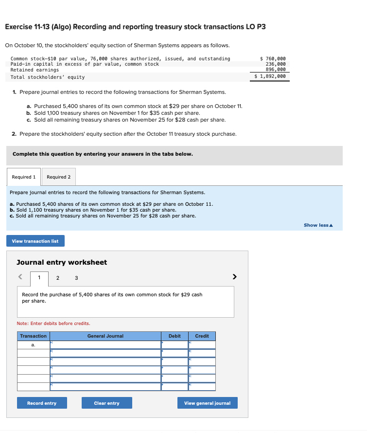 Solved Exercise 11-13 (Algo) ﻿Recording and reporting | Chegg.com