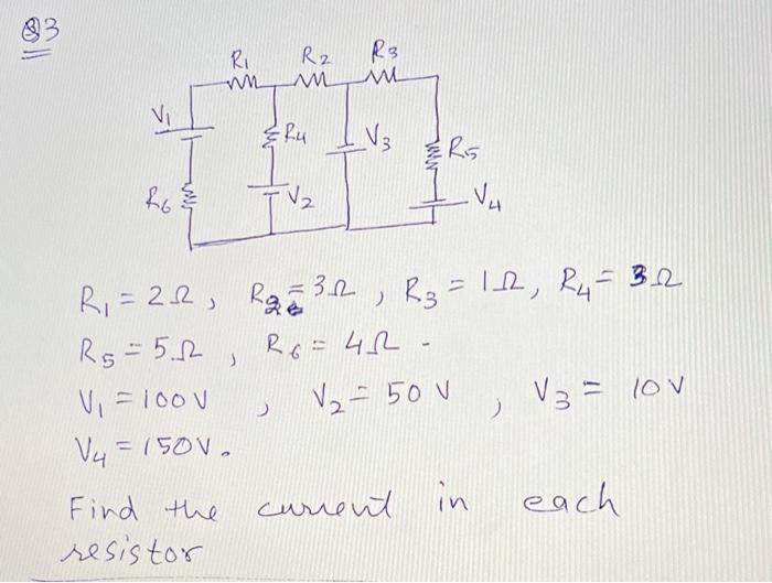 Solved R1=2Ω,R2=3Ω,R3=1Ω,R4=3ΩR5=5Ω,R6=4Ω.V1=100 V,V2=50 | Chegg.com