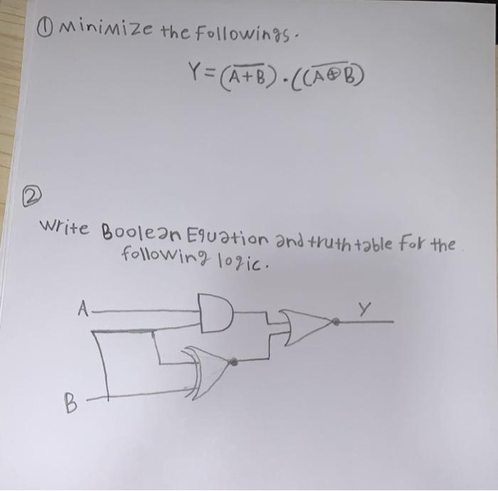Solved (1) Minimize the followings. Y=(A+B)⋅((A⊕B) (2) Write | Chegg.com