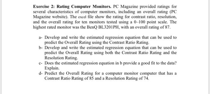 Solved Exercise 2: Rating Computer Monitors. PC Magazine | Chegg.com