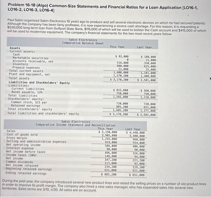 Solved Problem 16-18 (Algo) Common-Size Statements and | Chegg.com