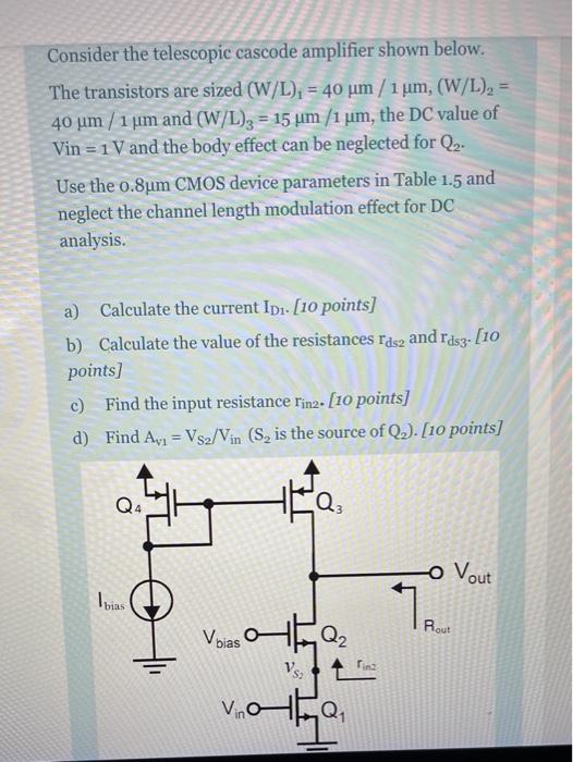Consider the telescopic cascode amplifier shown | Chegg.com