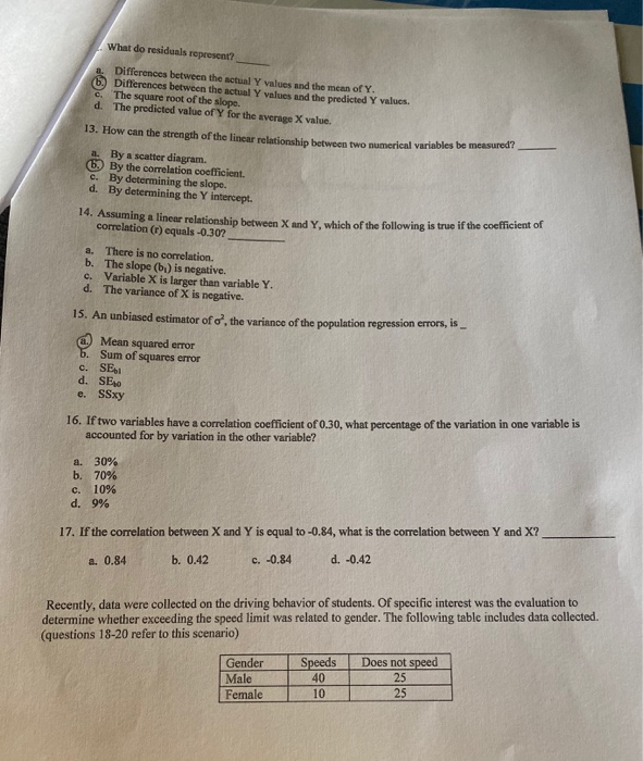 Solved What Do Residuals Represent A Differences Between