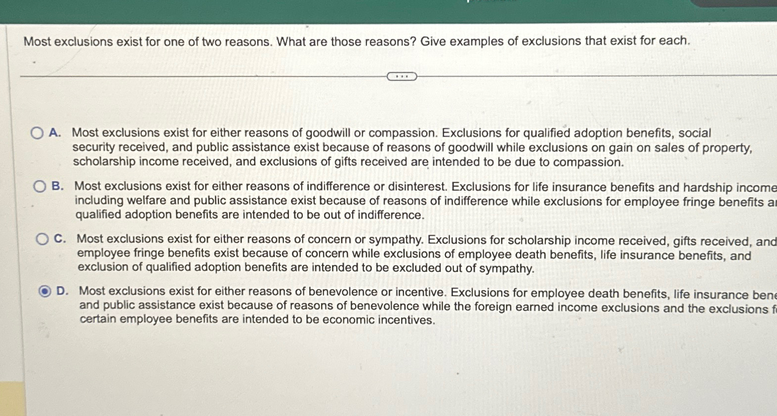 Solved Most exclusions exist for one of two reasons. What | Chegg.com