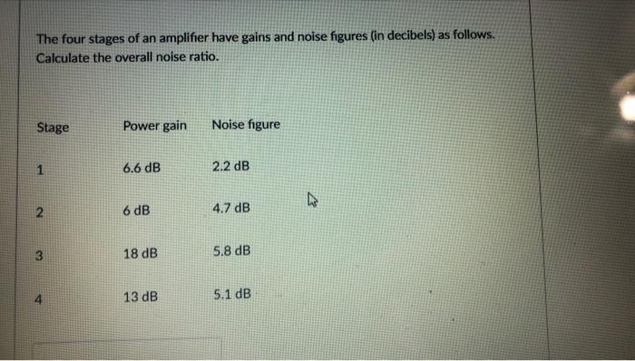 Solved The four stages of an amplifier have gains and noise | Chegg.com