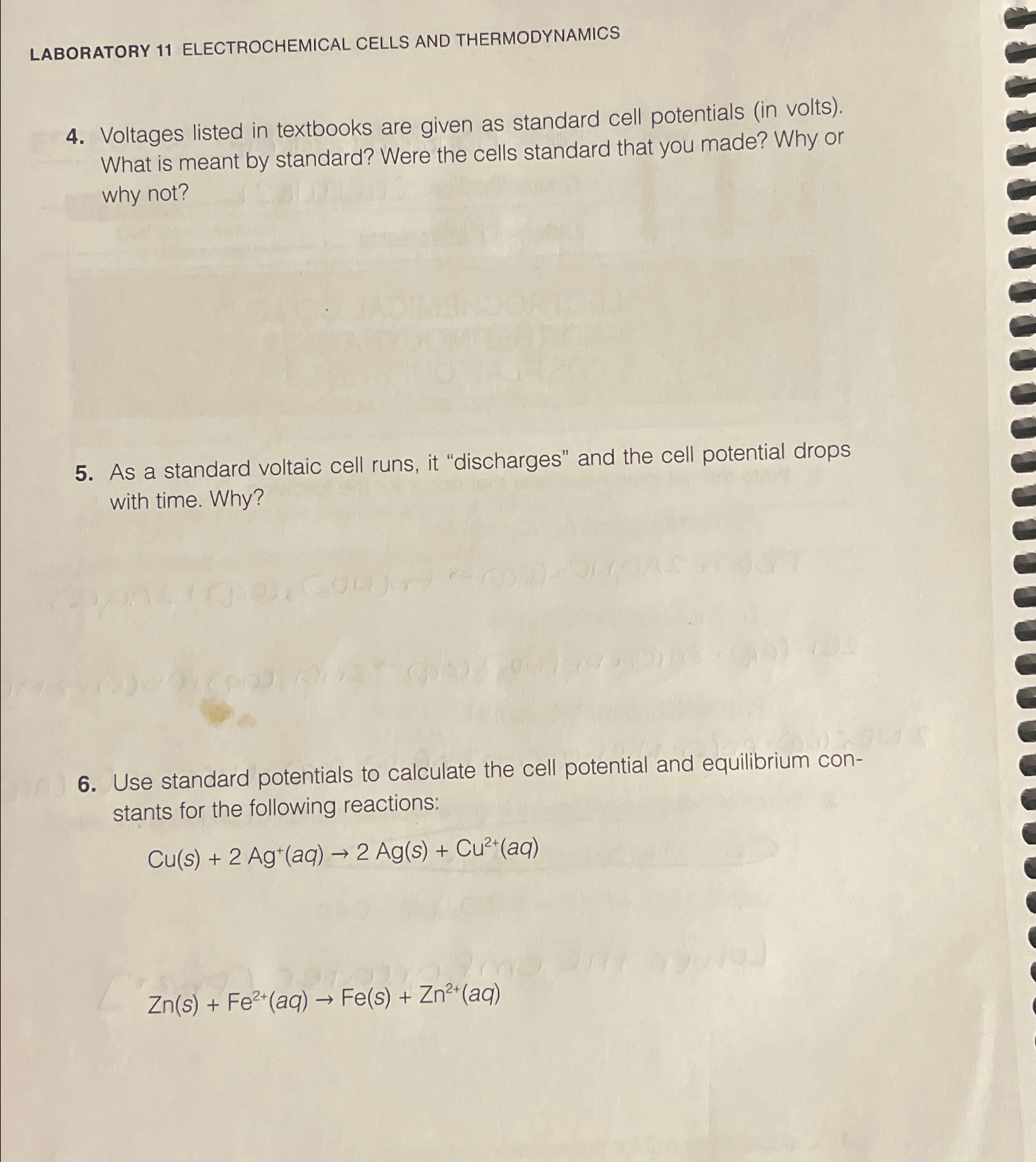 Solved LABORATORY 11 ﻿ELECTROCHEMICAL CELLS AND | Chegg.com