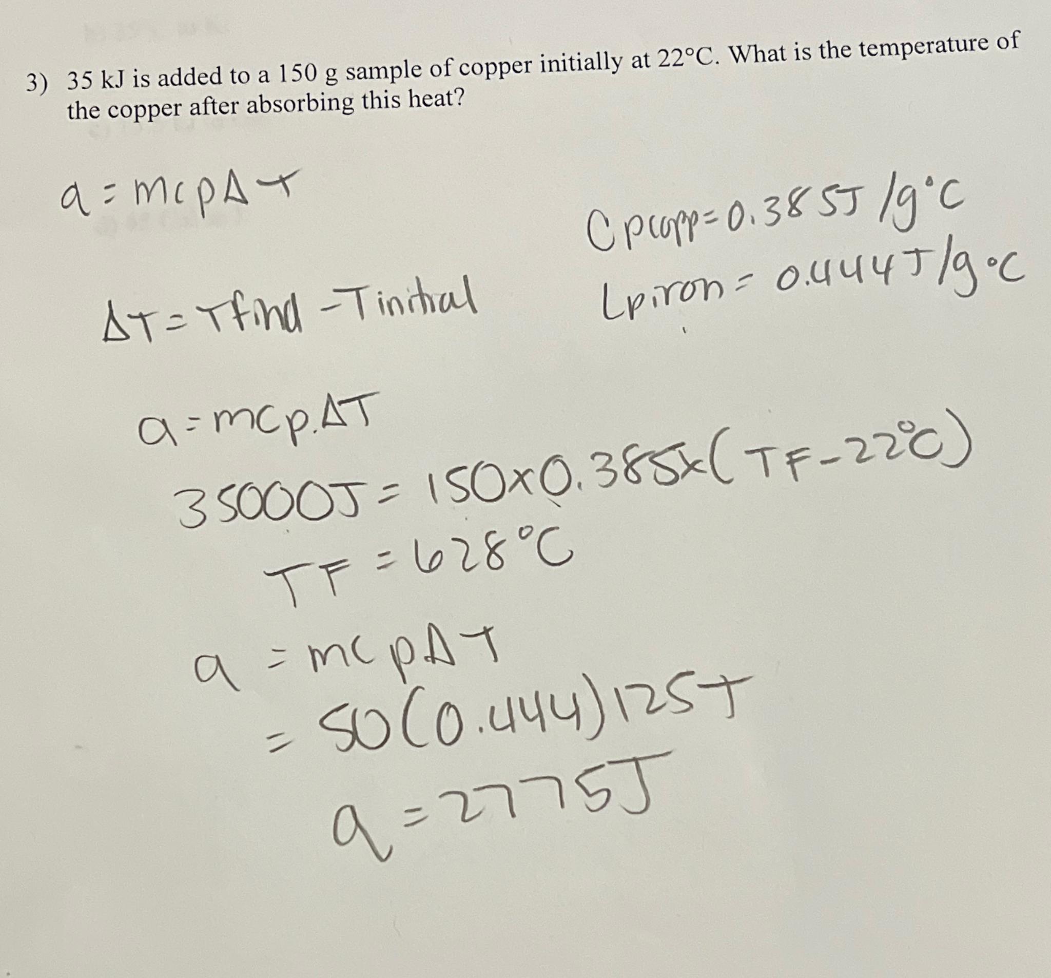 Solved 35kJ ﻿is added to a 150g ﻿sample of copper initially | Chegg.com