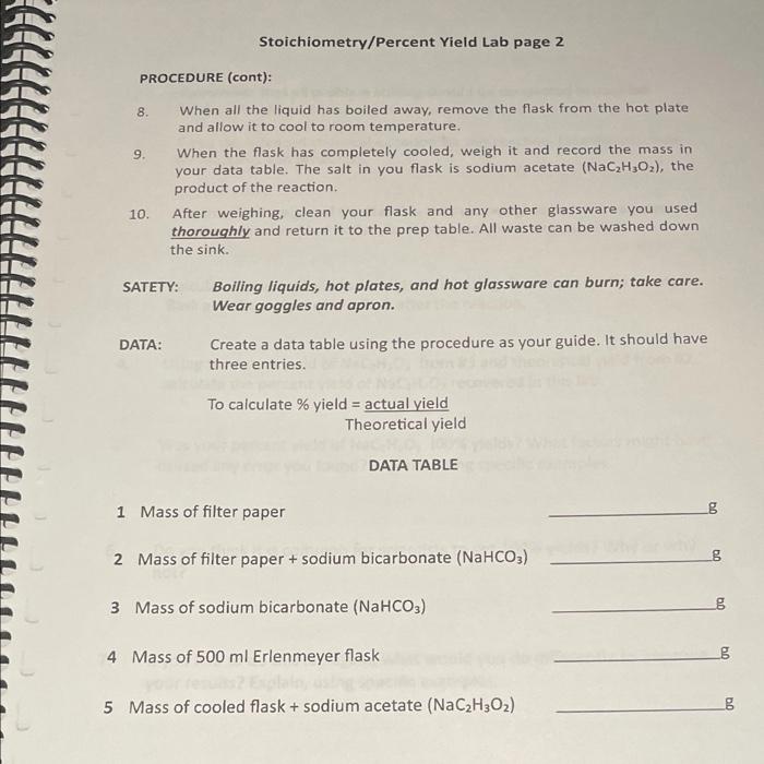 Stoichiometry/Percent Yield Lab page 2 PROCEDURE | Chegg.com
