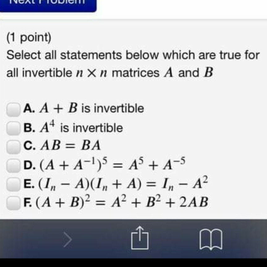 Solved (1 point) Select all statements below which are true | Chegg.com