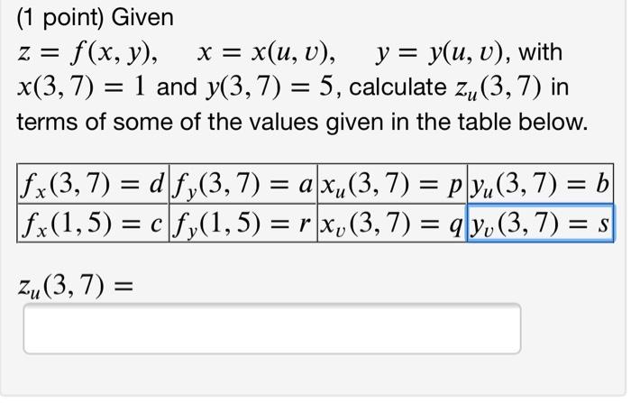 Solved (1 point) Given z = f(x, y), x = x(u, v), y = y(u, | Chegg.com Solved (1 point) Given z = f(x, y), x = x(u, v), y = y(u, | Chegg.com