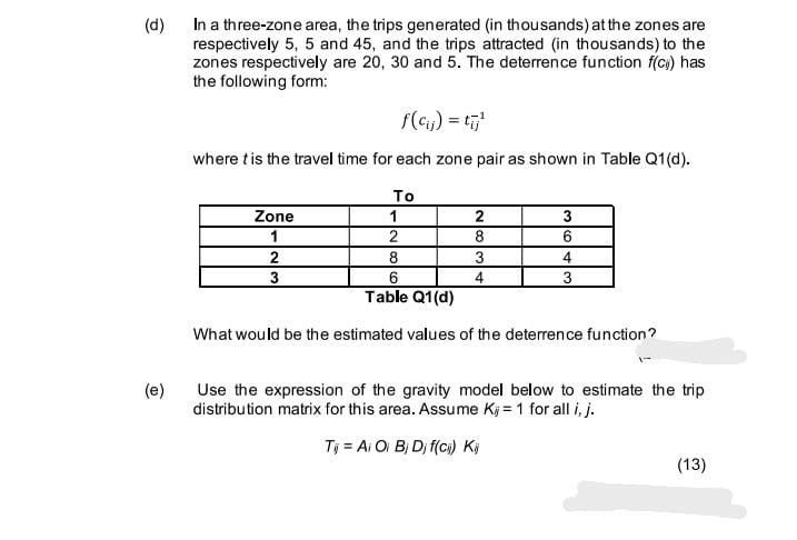 Solved (d) ﻿In a three-zone area, the trips generated (in | Chegg.com