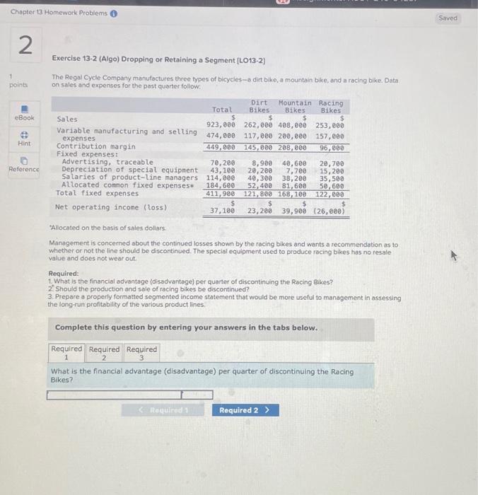 Solved Exercise 13-2 (Algo) Dropping or Retaining a Segment | Chegg.com