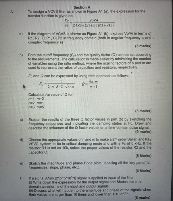 Solved A1 Section A To design a VCVS filter as shown in | Chegg.com